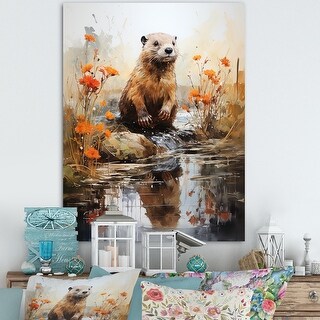 Designart "Beavers Pond Reflections Florals II" Beaver Wall Décor Green ...