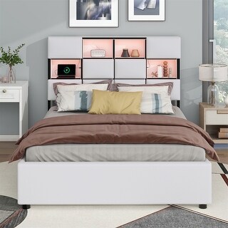 Full Size LED Upholstered Platform Bed with Storage and USB - Bed Bath ...