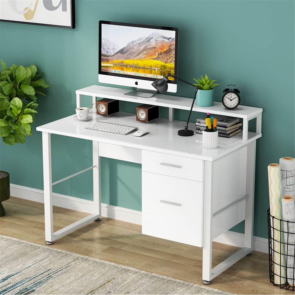 47 Inches White Computer Desk with Hutch, Home Office Desks with 2 ...