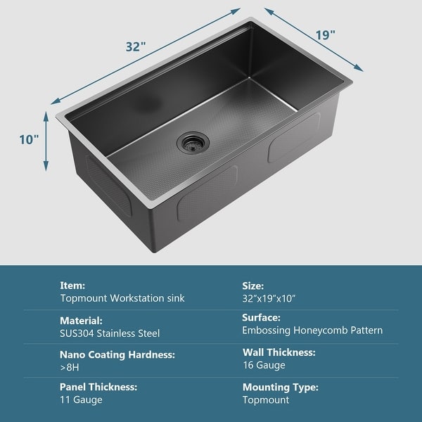 Undermount Single Basin Kitchen Sink 32-inch -Honeycomb Pattern Nano ...