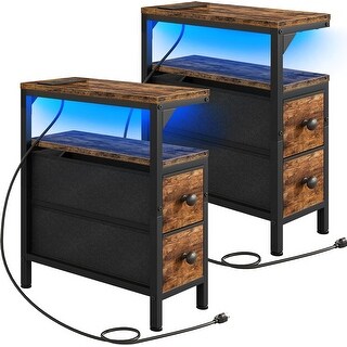 Slim C-Shaped End Table with Charging Station, LED Light, and Storage ...