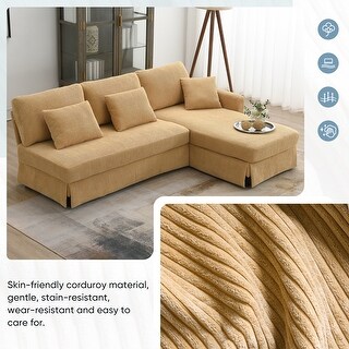 Skirted Design Yellow Sectional Sofa with Reversible Chaise & Pillows, Corduroy Upholstered ...