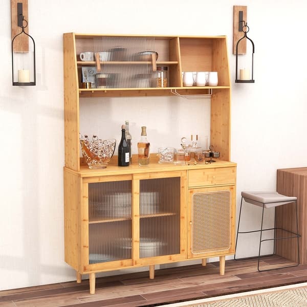 Bamboo Buffet Cabinet Wine Bar Pantry Cupboard Sideboard Sliding Door ...