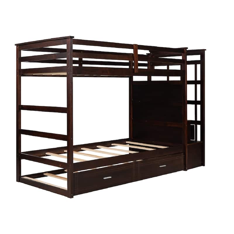 Espresso Twin Solid Pine Bunk Bed with Trundle, Staircase, Storage ...