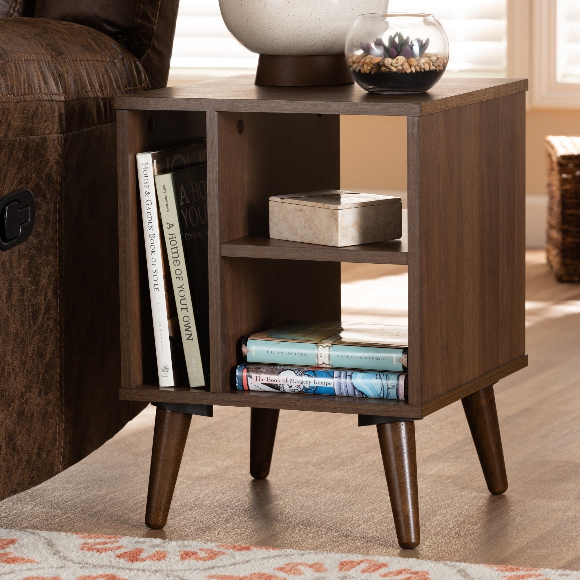 Emmett Mid-Century Modern Light Brown Finished Wood 1-Drawer End Table ...