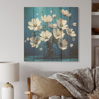 DESIGN ART "White Blue Flowers Quirky I" Flowers Wood Wall Decor ...