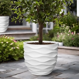 17.3" Diameter White Horizontal Waves Fiber Stone Round Pot Planters ...