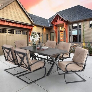 7 Piece Outdoor Patio Dining Set, 6 Spring Motion Chairs with Cushions ...