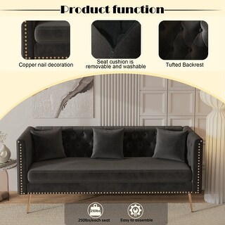 3 Seater Tufted Back Couch Velvet Upholstered Sofa w/ Throw Pillows ...