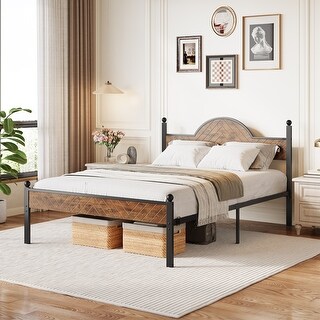 Queen Size Rustic Platform Bed Frame with Wood Headboard and Footboard ...