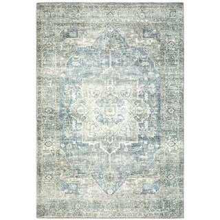 Puteaux Grey Blue Oriental Medallion Traditional Casual Area Rug - Bed ...
