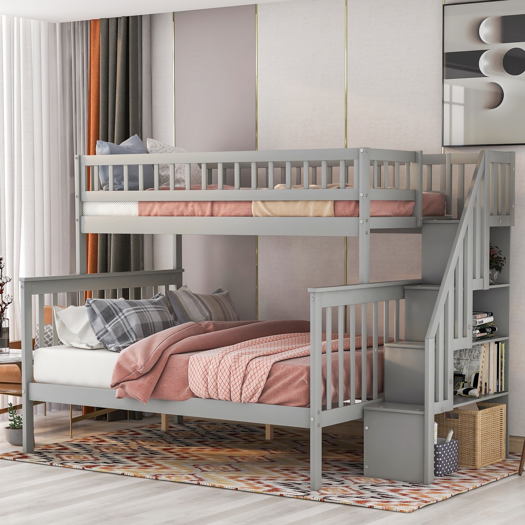 Twin Over Full Stairway Bunk Bed with Shelves Separate Stackable and Detachable into Two Beds Bed Frame For Kids Grey White Bed Bath Beyond 40884045