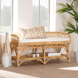 Brown Rattan Handmade Oval Bench with White Fabric Cushion - On Sale ...