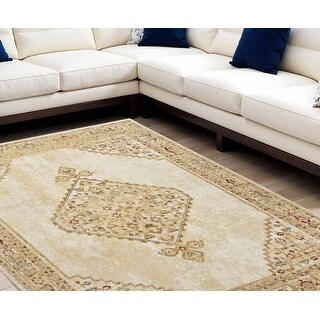 HomeRoots 8' X 10' Beige and Ivory Medallion Power Loom Distressed Area ...