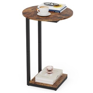 Side Table Small End Table: C-Shaped Wood Sofa Table with Metal Frame ...