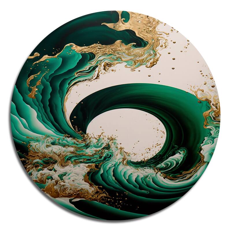 Designart 'Emerald Green And Gold Abstract Waves IV' Modern Metal Round ...