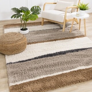 Miley Collection - Cream Taupe Brown Striped Soft Shag Rug. - Bed Bath ...