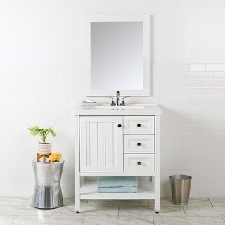 Sykes 31" Coastal-Style Vanity With 1-Door Cabinet, 2 Drawers, Open ...