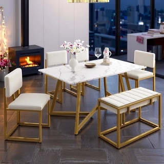 60 inch Metal Kitchen Table Set with Upholstered Dining Chairs and ...