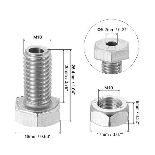 2pcs Hollow Screw Bolts Hexagon Fasteners with Nuts Stainless Steel ...