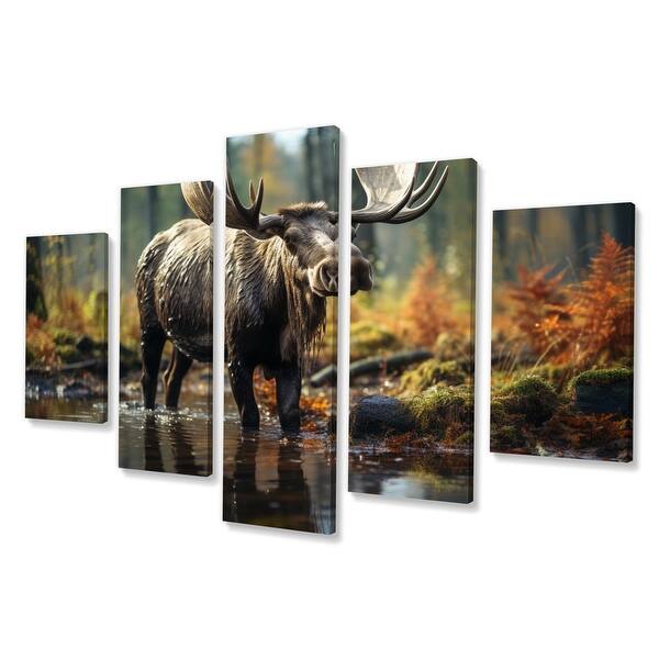 Designart "Brown Yellow Moose Canada" Animals Multipanel Canvas Art ...