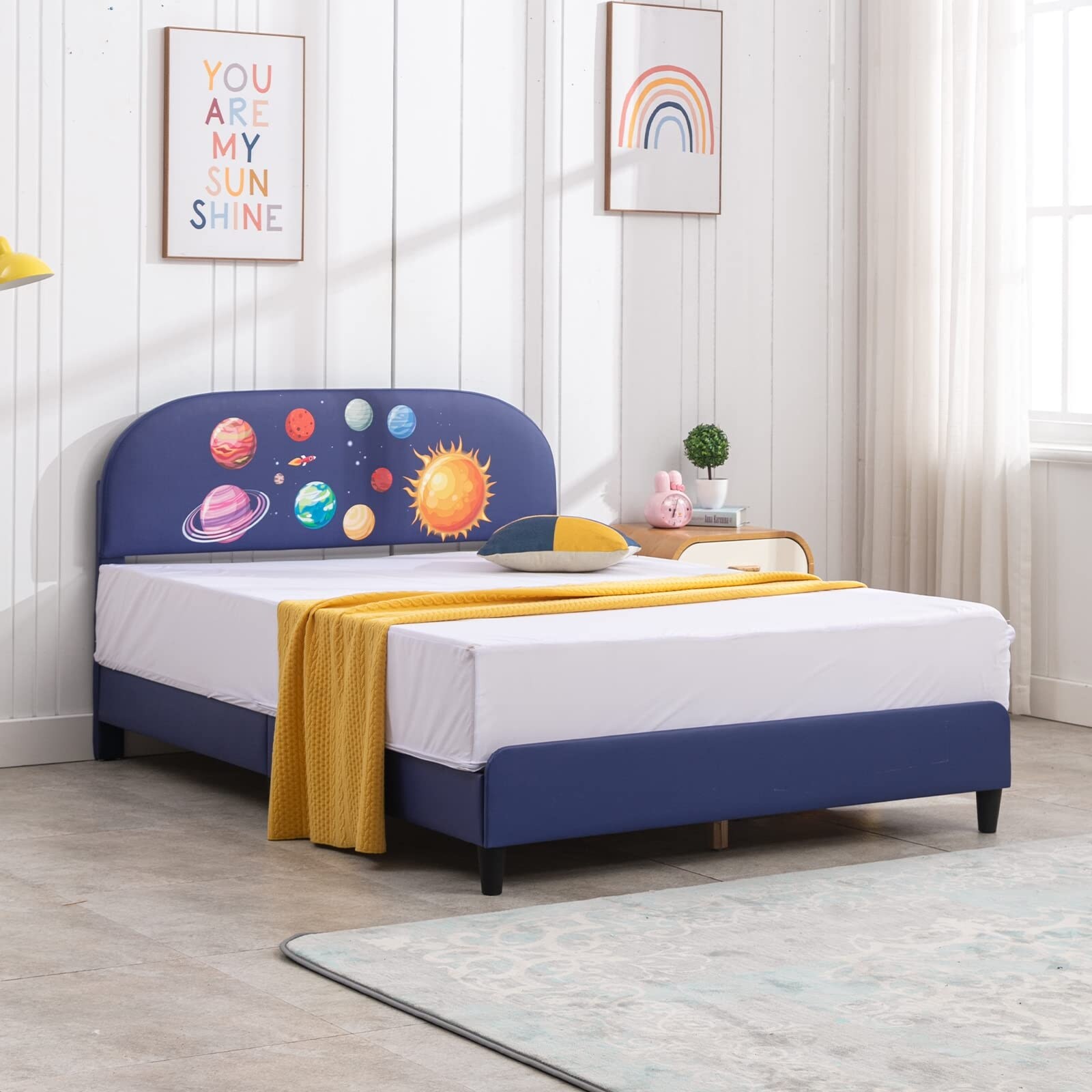 Mixoy Toddler Bed Frame with Headboard Durable Bed Frames for Kids Rainbow Pattern Kids Furniture for Bedroom Space Full