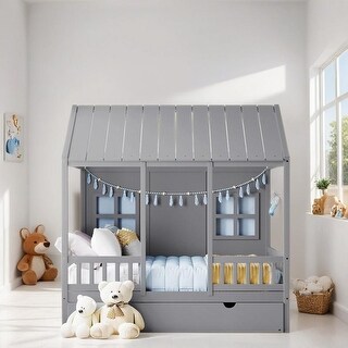 Full Size House Bed With Twin Size Trundle, Wooden Daybed with Safety ...