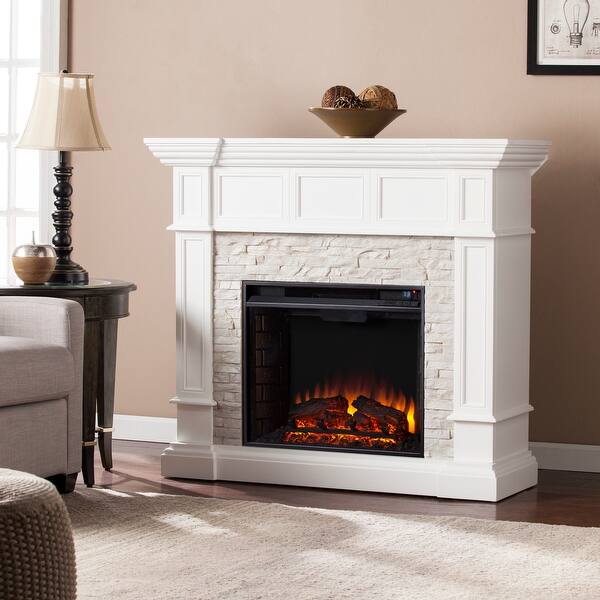 fieldstone corner fireplace