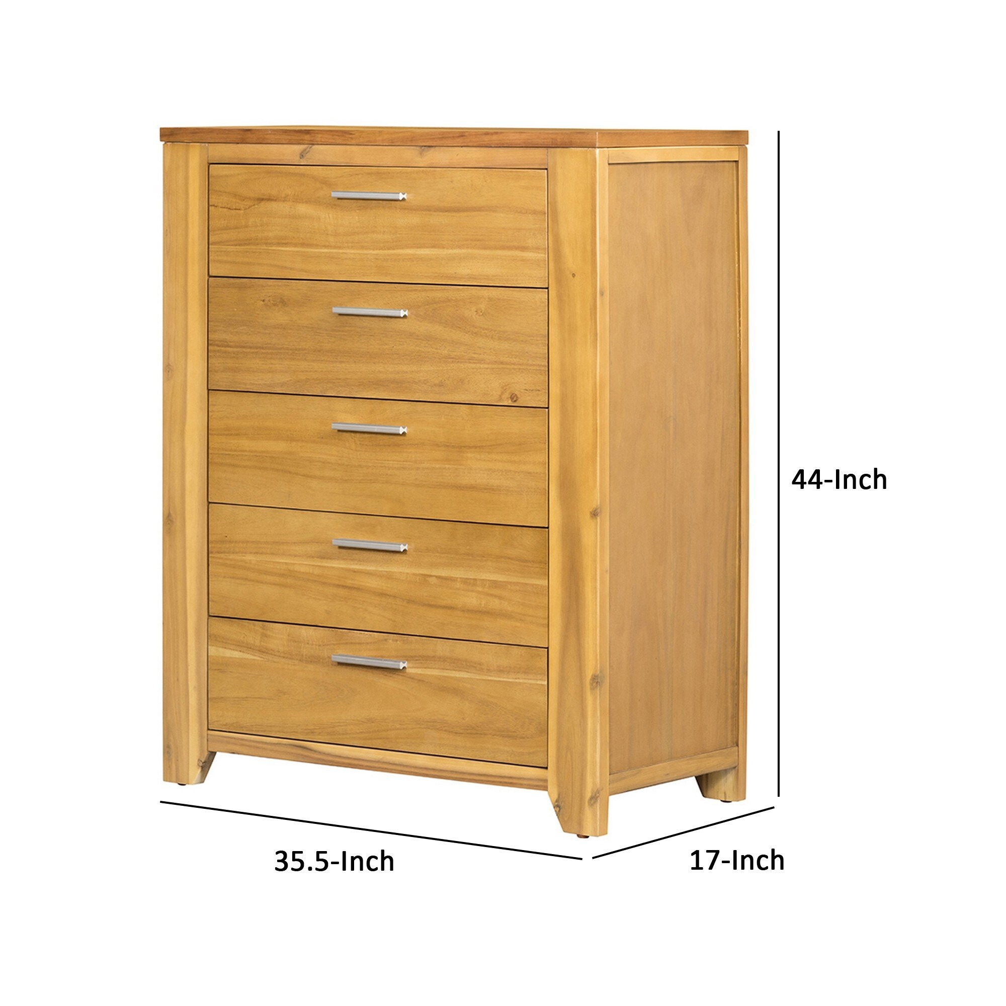 Coco 44 Inch Tall Dresser 5 Drawers Solid Acacia Wood Oak Brown Finish