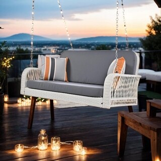 2-Seater Patio Hanging Bench With Chains, For Garden, Black And Beige ...