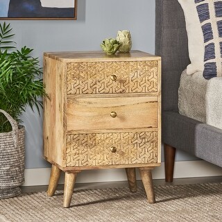 Handcrafted Carve Nightstand with Geometric Texture Drawers and Tapered ...