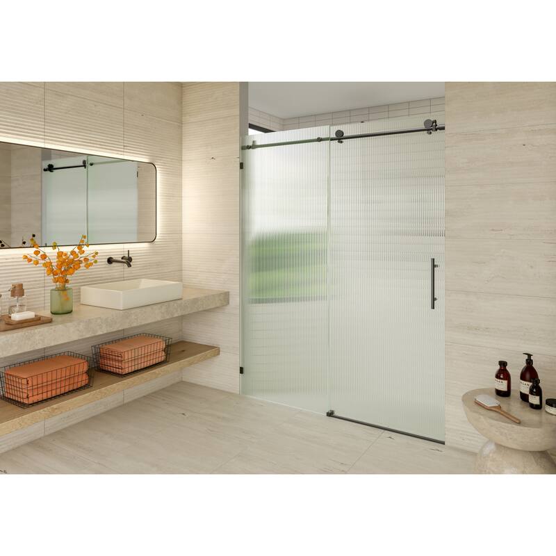 Galaxy 60 in. x 78 in. Fully Frameless Fluted Glass Sliding Shower Doors - Righthand - Bed Bath ...