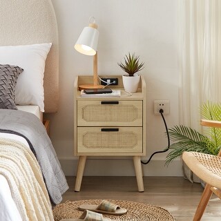 Rattan nightstand with socket side table natural handmade rattan - Bed ...