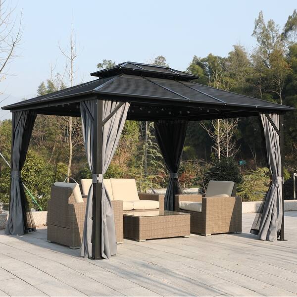 Outsunny 12'x 10' 2-Tier Roof Steel Hardtop Aluminum Permanent Gazebo ...