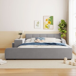 Queen Velvet Grounded Bed, Mother & Child Bed Frame wDesk, Stool,Grey ...