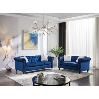 Velvet Button-Tufted Living Room Sofa Set with Copper Nail Trim ...