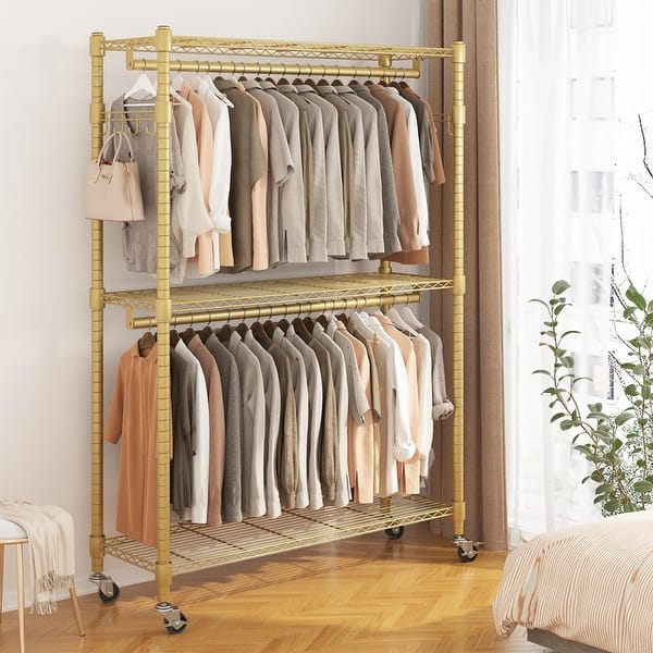 Heavy Duty Garment Rack on Wheels, Rolling Wardrobe Rack with Double ...