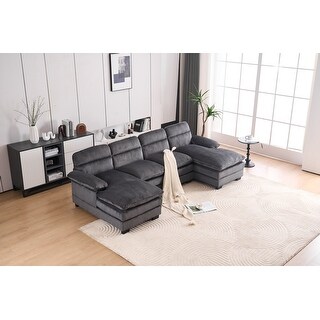 Grey U-shaped Sofa with Double Recliner, Corduroy Segmented Couch - Bed ...