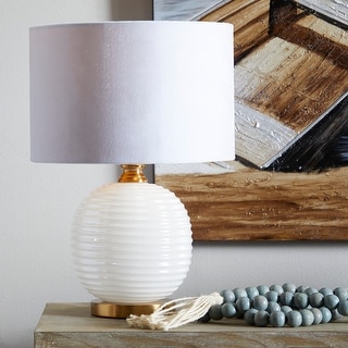White Glass Ribbed Room Table Lamp with Gold Accents - On Sale - Bed ...