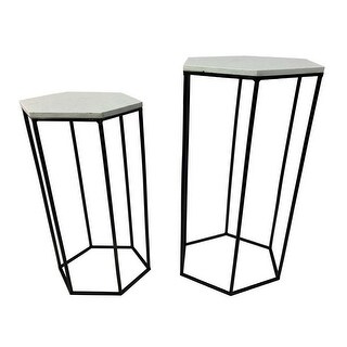 Set of 2 Modern Hexagon Plant Stands with White Marble Top and Black ...