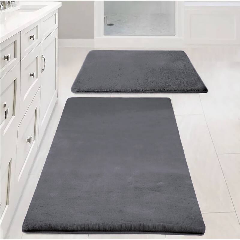 2 Piece Charcoal Grey Ultra Soft Faux Fake Fur Rabbit Bathroom Bath Mat ...