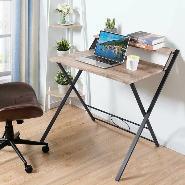 Folding Writing Table Home Office Computer Desk with 2-Tier Shelf - Bed ...
