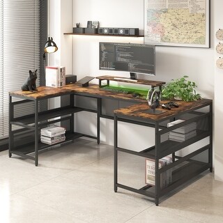 U-Shaped Computer Desk with Shelves and LED Lights, Large Workstation ...