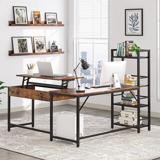 L-Shaped Desk, Adjustable Computer Desk with 4-Tier Shelves, Lift Top ...