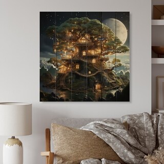 Designart "The Wishing Tree House IV" Vangogh Print on Natural Pine ...