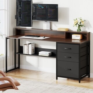 61 Inches Computer Desk with File Drawers, Ergonomic Office Desk with ...
