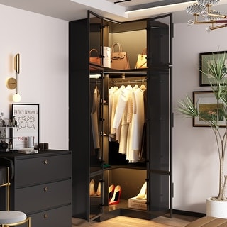 Aluminum Closet Armoire Wardrobe with Tempered Glass Doors LED Lights ...