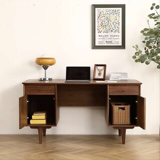 Black Walnut Desk with Rattan Net - Large Home Office Workstation with ...