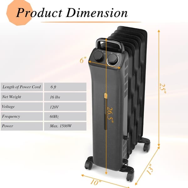 1500W Oil Filled Radiator Heater Portable Electric Space Heater - Bed ...