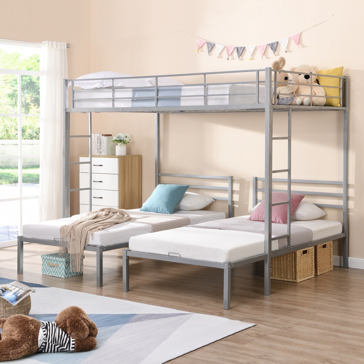 Full Over Twin Metal Bunk Bed with Built-in Desk & Storage Shelves ...